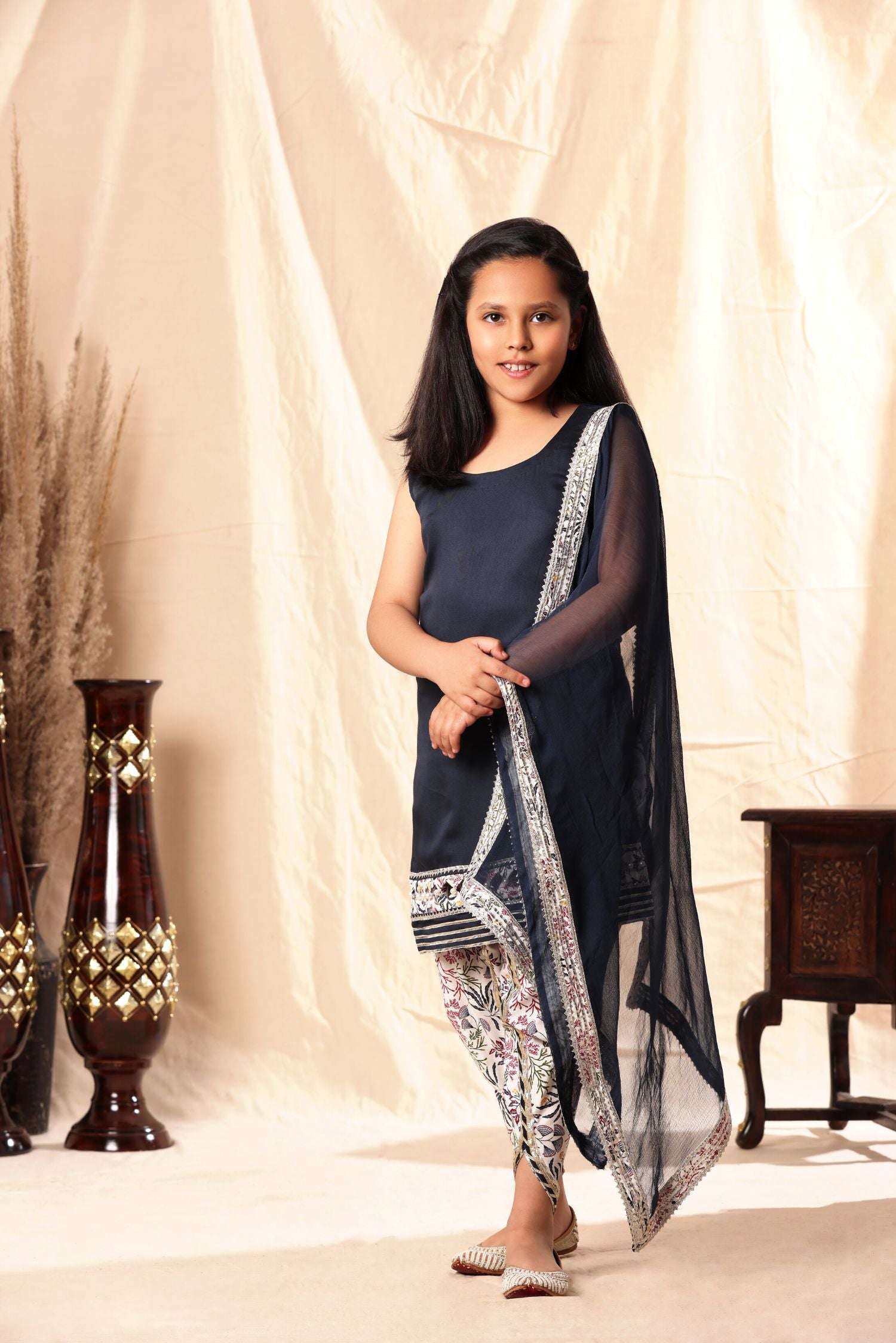 Navy Blue Pearl Border Kurta with Floral Print Dhoti Salwar Set ...